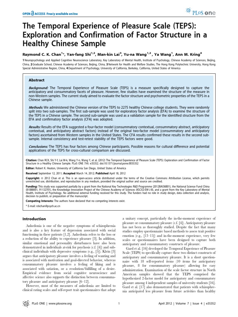 The Temporal Experience of Pleasure Scale (TEPS) : Exploration and ...