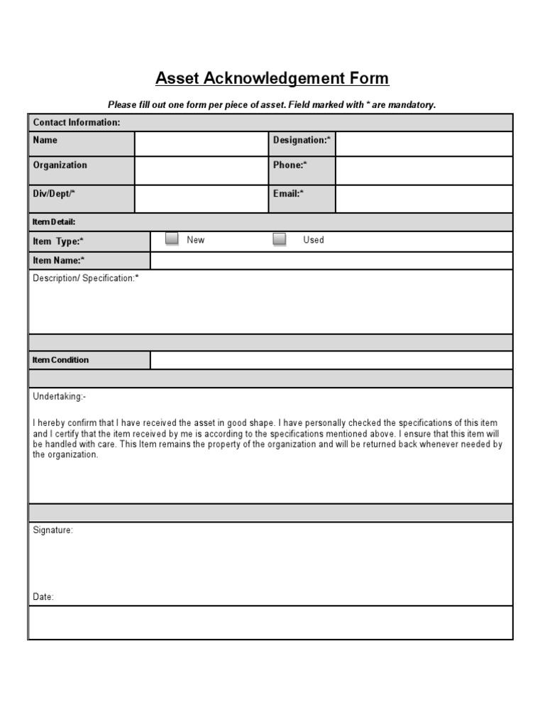 Asset Acknowledgement Form | PDF