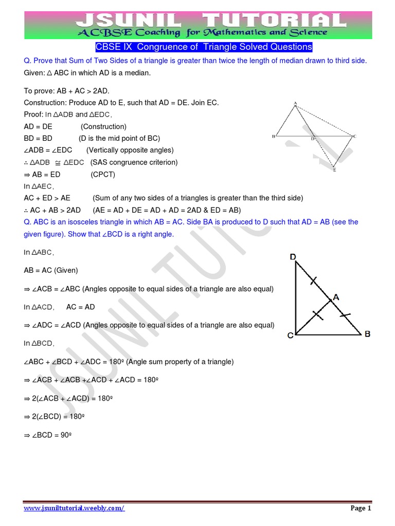Cbse Ix Congruence of Triangle Solved Questions | PDF | Triangle ...