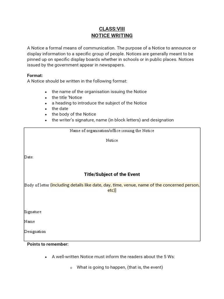 Class Viii, Notice Writing | Question | Linguistics