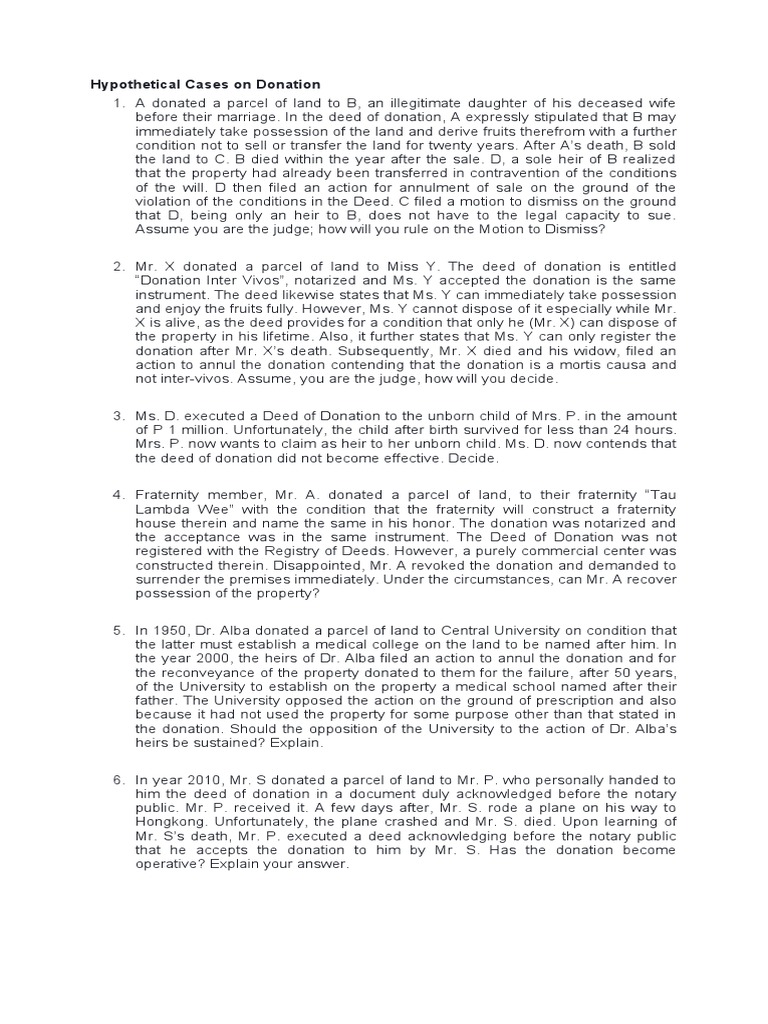 Hypothetical Cases On Donation | PDF | Deed | Property Law