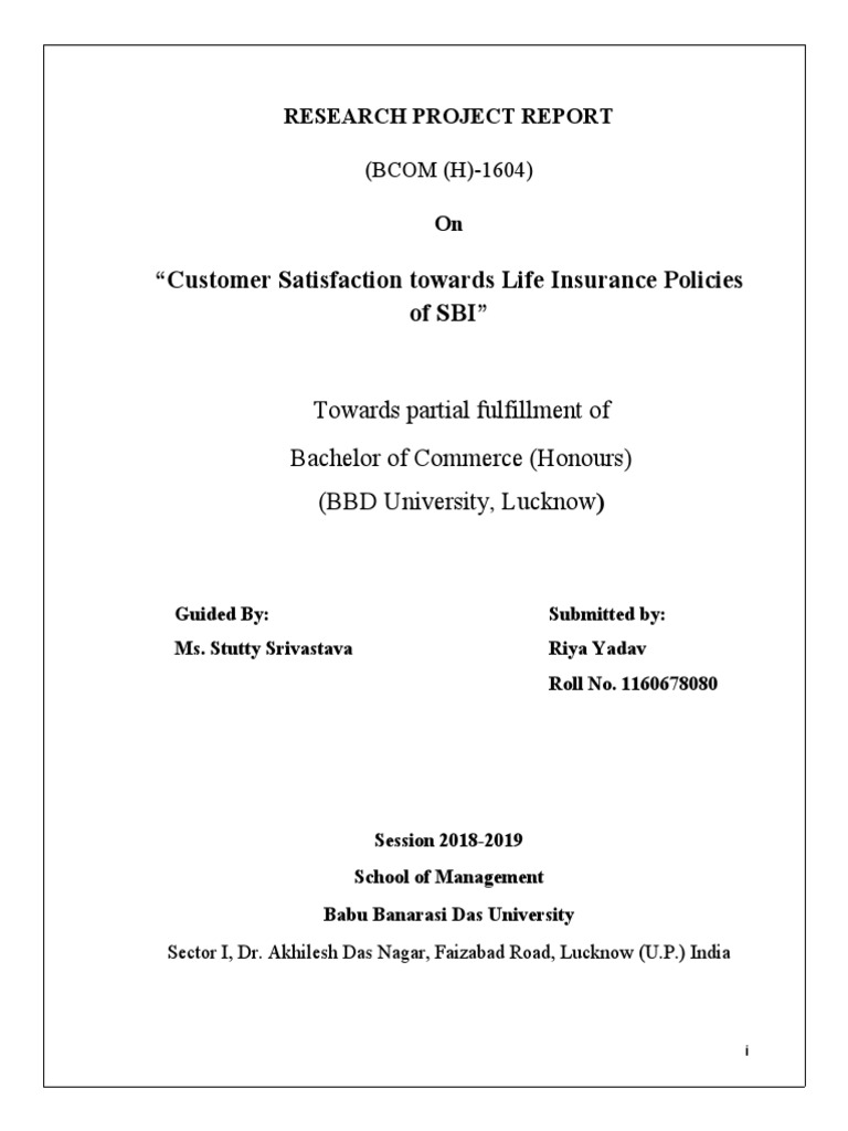 Customer Satisfaction Towards Life Insurance Policies of SBI | PDF ...