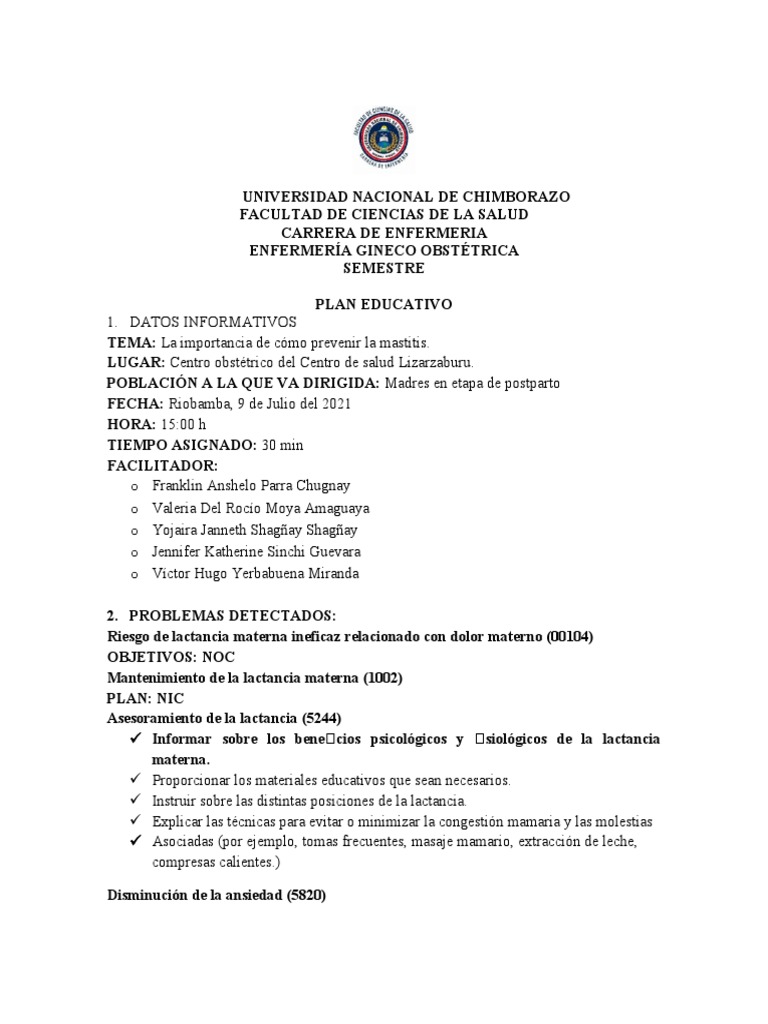 Plan Educativo Mastitis | PDF | Pecho | Cáncer de mama