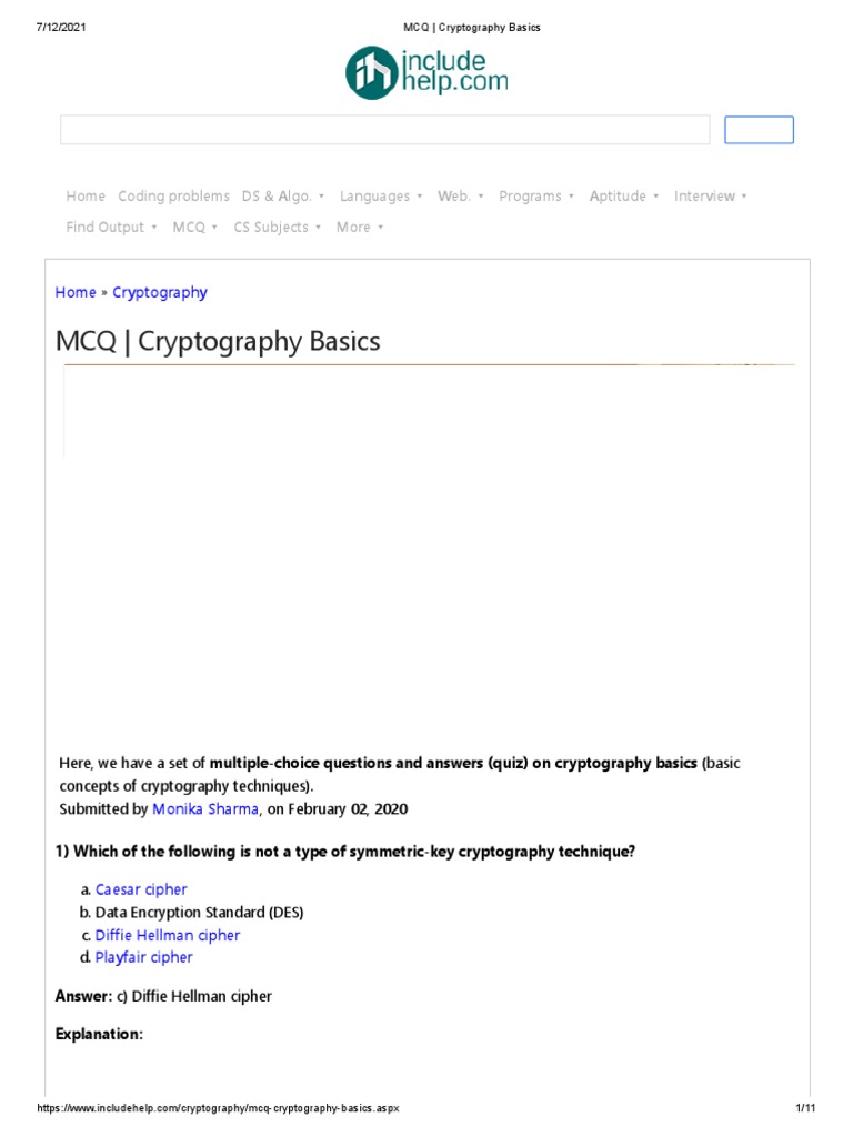 MCQ - Cryptography Basics | PDF | Cryptography | Encryption