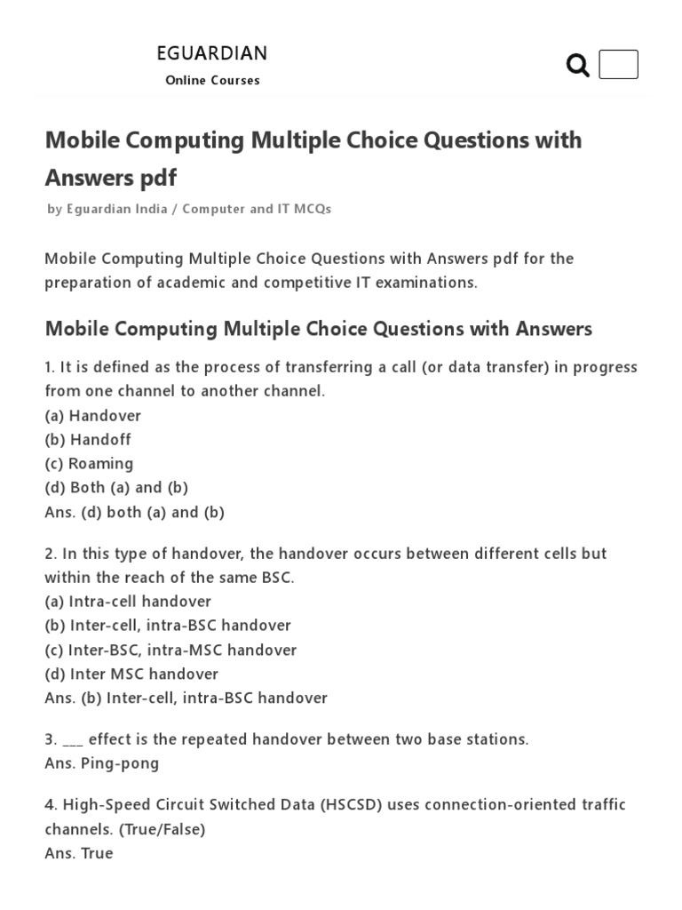 Mobile Computing Multiple Choice Questions With Answers PDF | PDF ...
