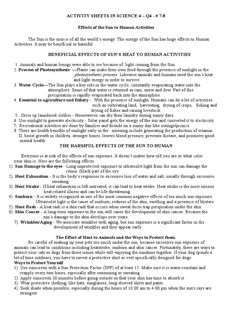 Effects of Sun on Human Activities | PDF | Sunscreen | Human Impact On ...
