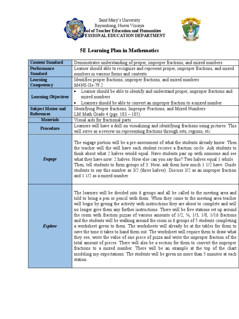 5E Learning Plan in Mathematics: School of Teacher Education and ...