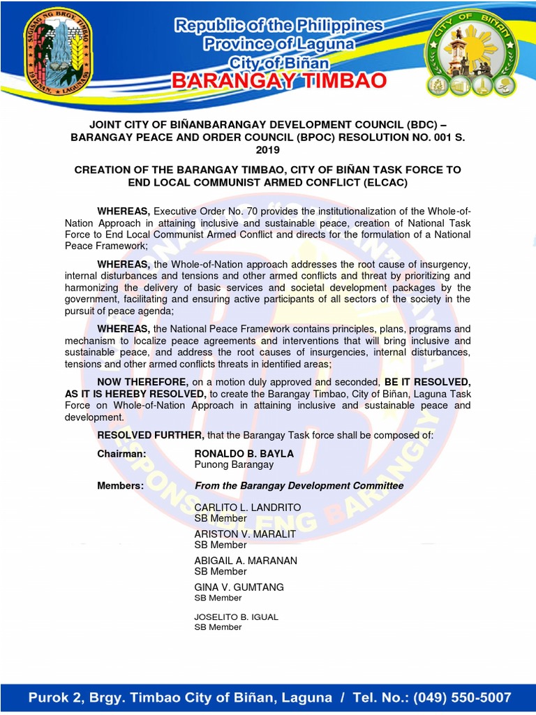 Sample - Barangay ELCAC | PDF | Peace | Policy