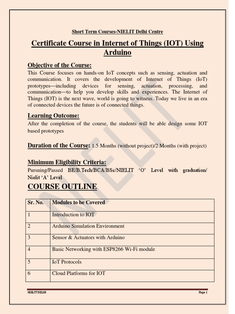 Certificate Course in Internet of Things (IOT) Using Arduino | PDF ...