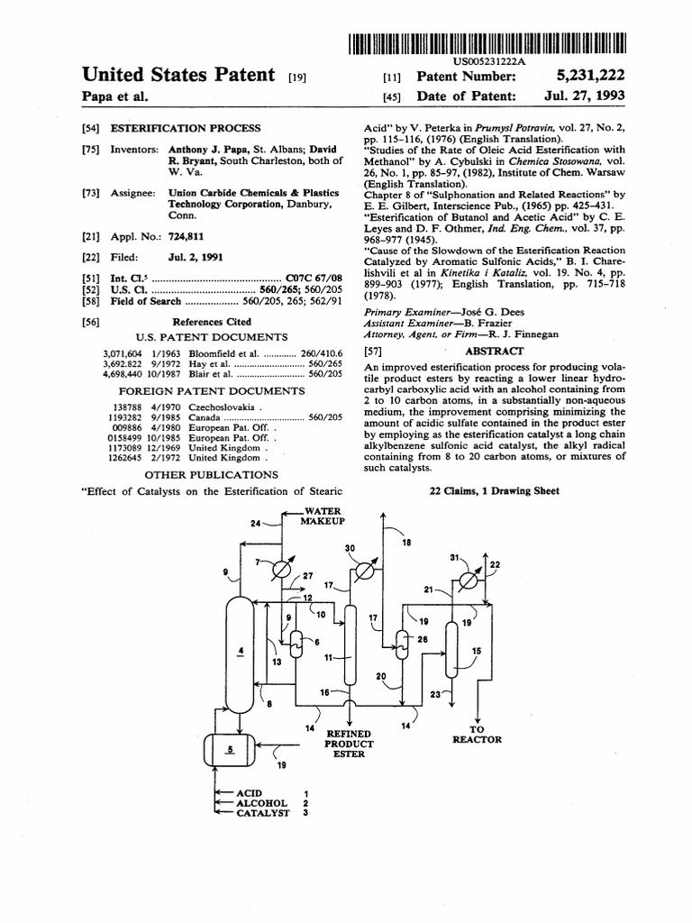 Us 5231222 | PDF | Ester | Distillation