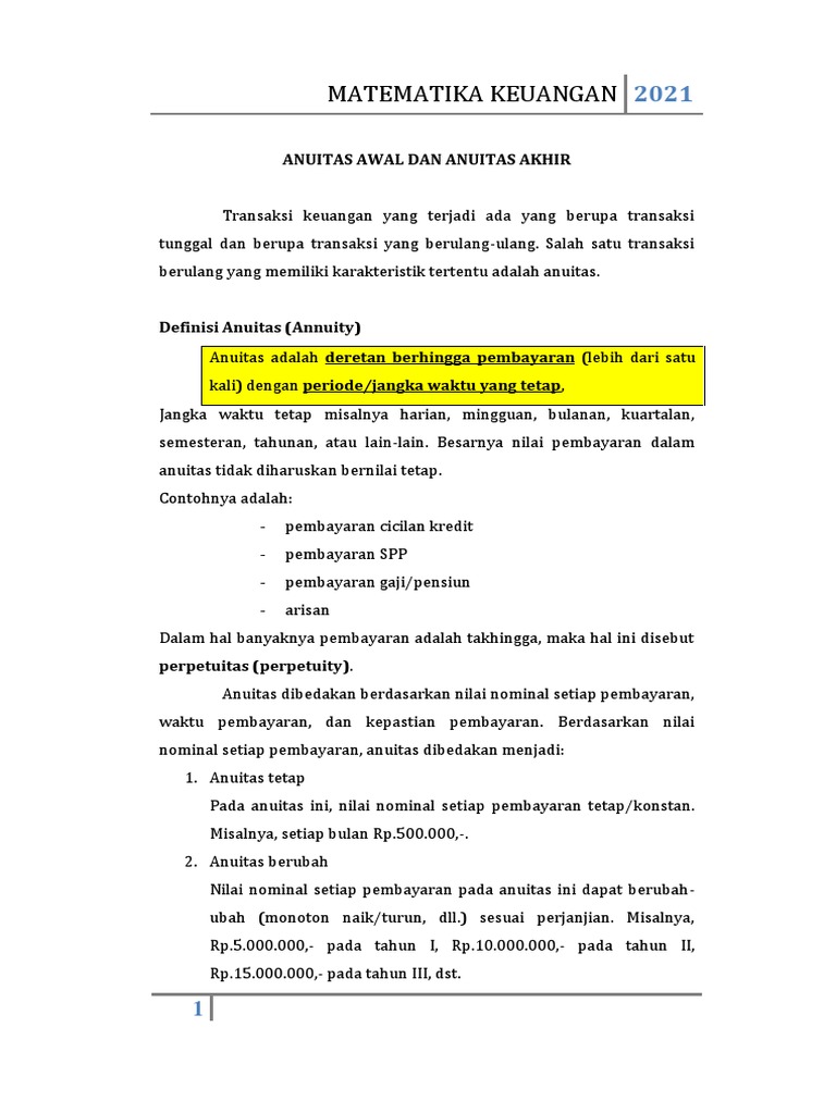 Rumus dan Contoh Anuitas Awal-Akhir | PDF