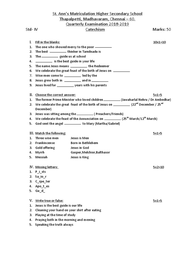 Catechism Question Paper | PDF | Biblical Magi | Jesus