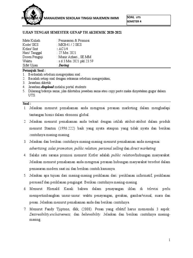 Jawaban UTS - Pemasaran & Promosi - Sadarman Jaya Gulo | PDF | Bisnis