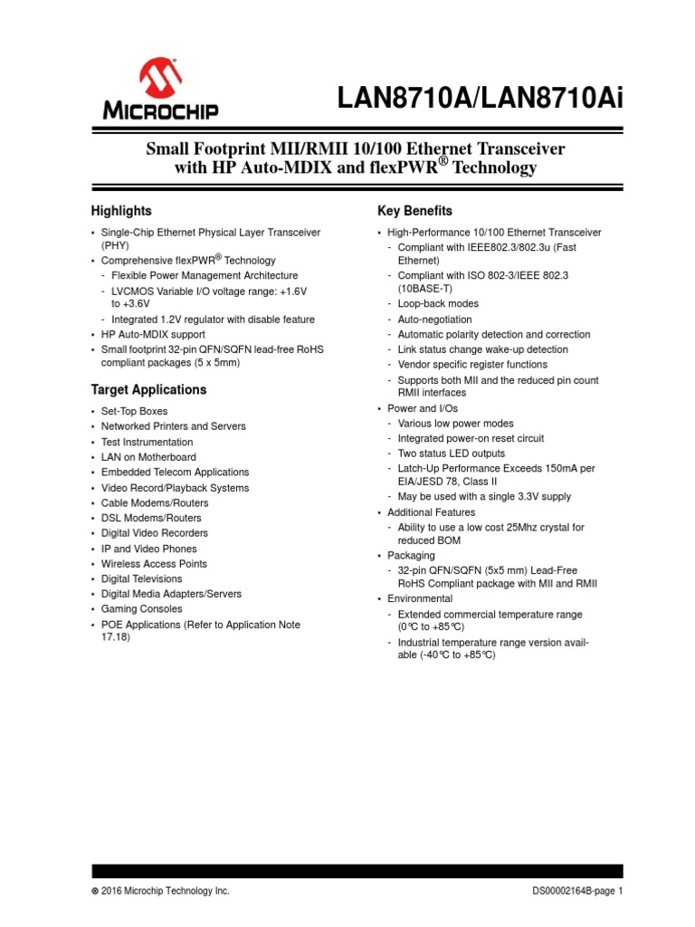Lan8710A/Lan8710Ai: Small Footprint Mii/Rmii 10/100 Ethernet ...