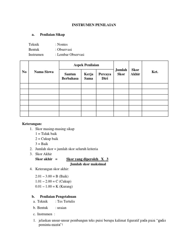 Instrumen Penilaian Bahasa Kelas 7 | PDF