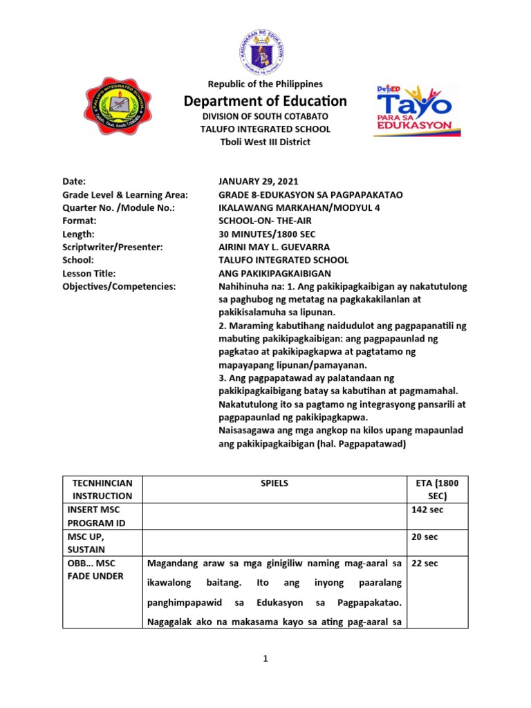 Radio Based Instruction Script.-Esp 8 | PDF
