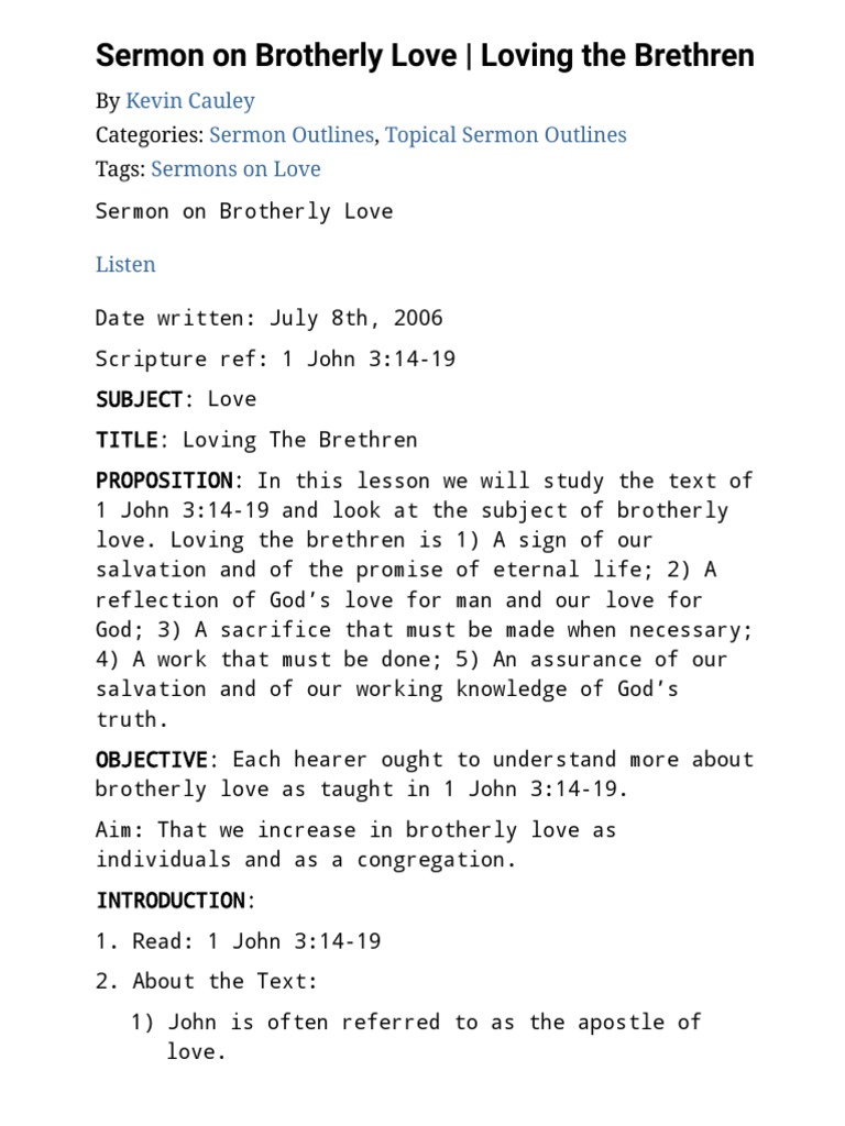 Sermon On Brotherly Love - Loving The Brethren | PDF | Gospel Of John ...