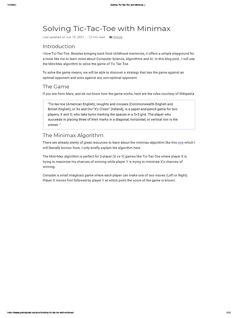 Solving Tic Tac Toe With Minimax Pdf Computer Programming Algorithms And Data Structures