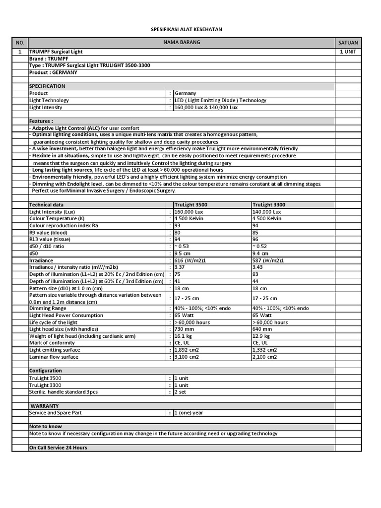 TRUMPF TruLight 3500/3300 Specs | PDF | Lighting | Surgery