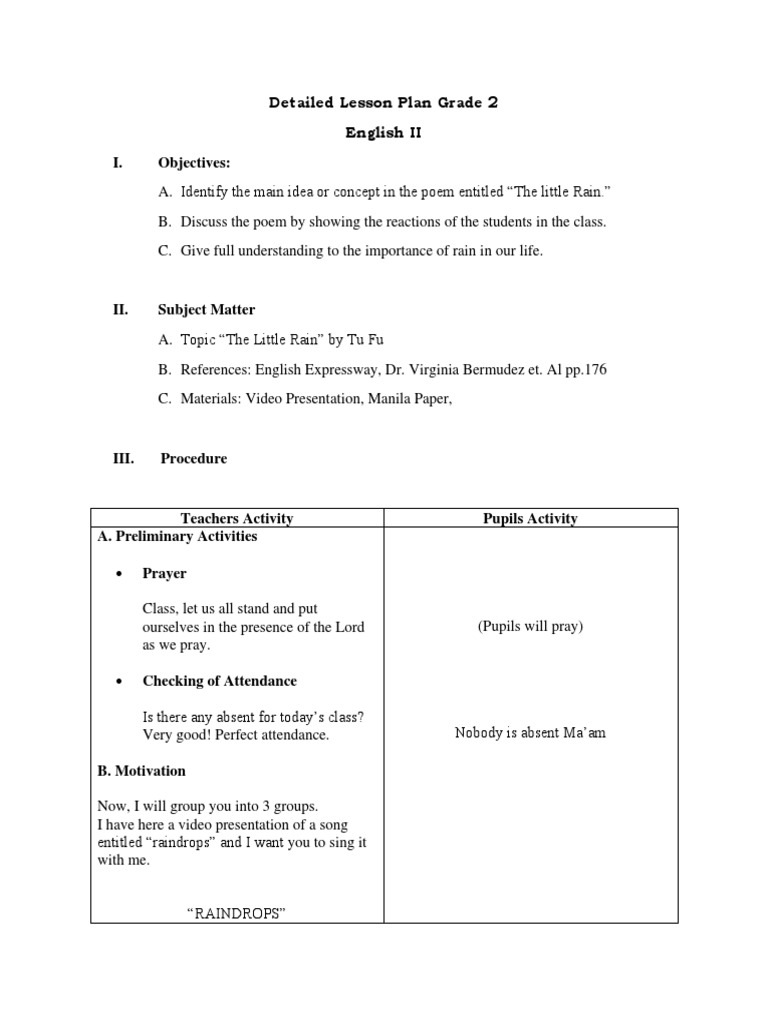 Detailed Lesson Plan Grade 2 English II I. Objectives | PDF | Lesson Plan