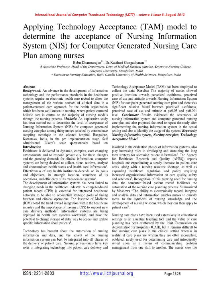 Applying Technology Acceptance (TAM) Model To | PDF | Health Care | Nursing