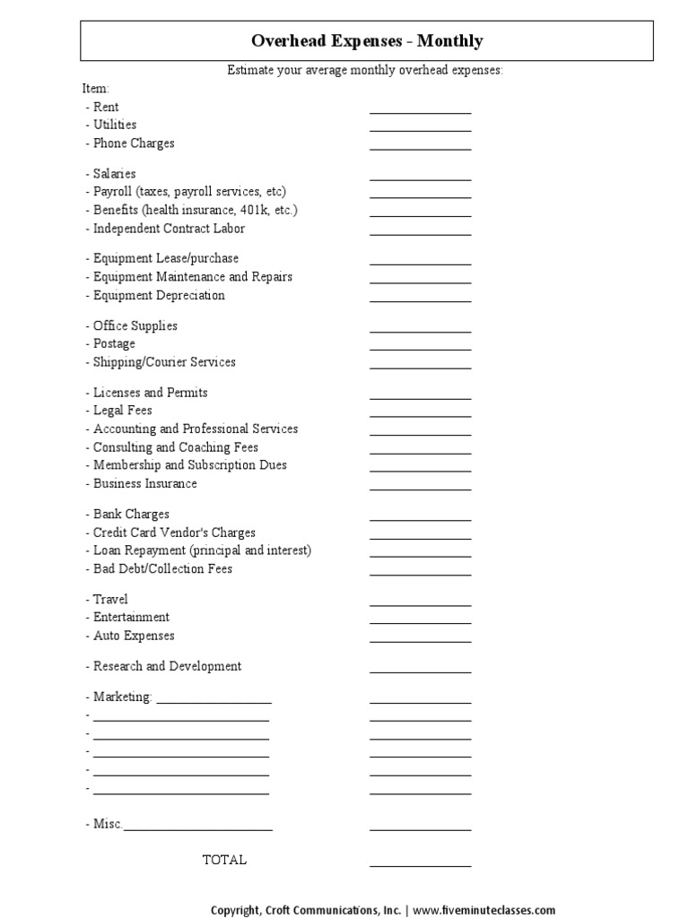 Monthly Overhead Expenses 1 Month Worksheet Excel | PDF | Fee ...