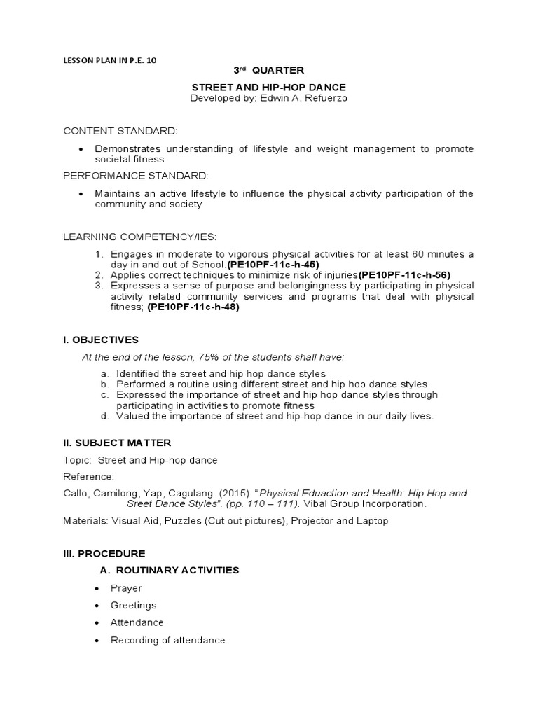 Lesson Plan Final! - Hip Hop and Street Dance Styles | PDF | Dances ...