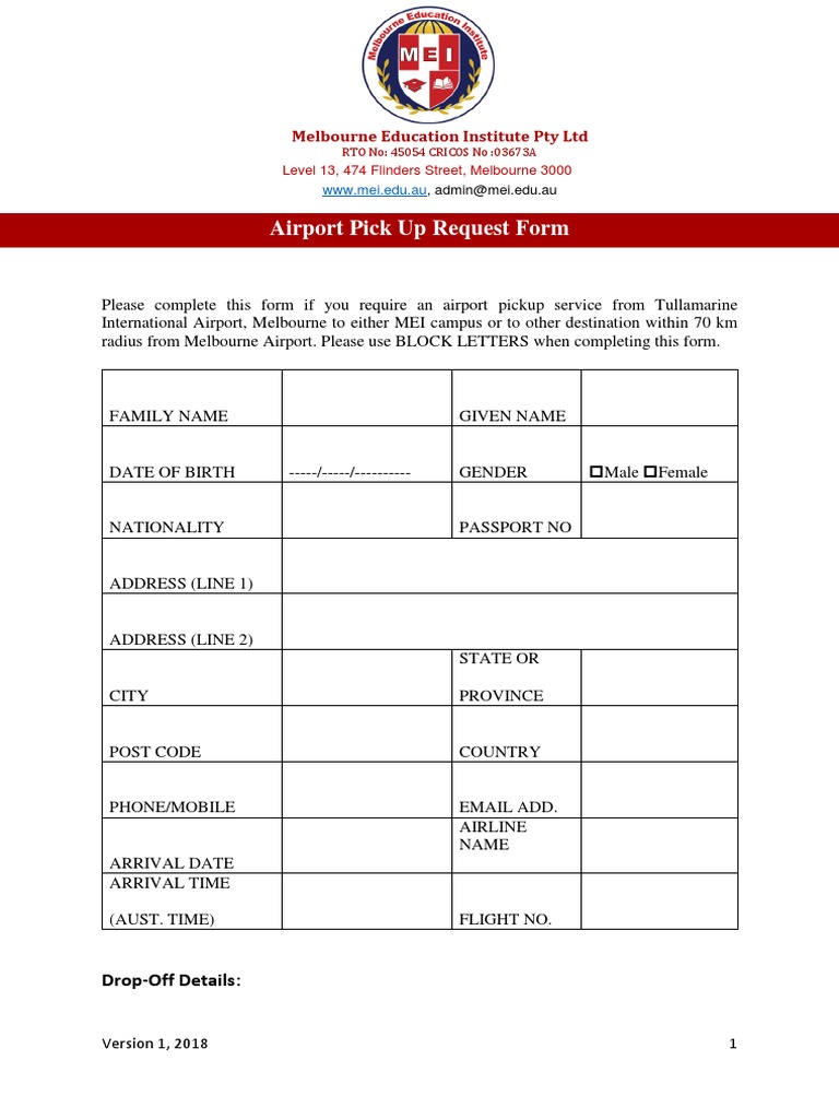 Airport Pick Up Request Form | PDF | Melbourne | Business