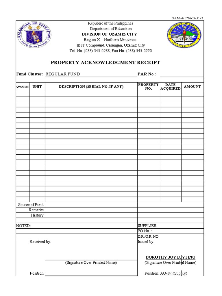 Property Acknowledgment Receipt Form | PDF | Business | Science