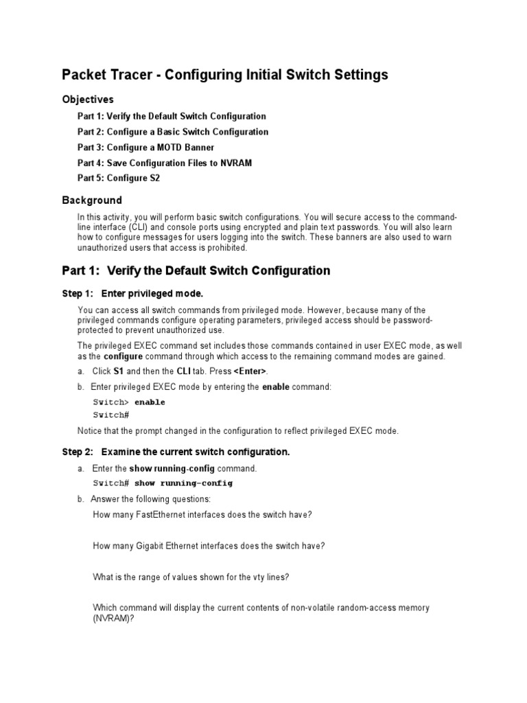 LAB 03 Packet Tracer - Configuring Initial Switch Settings | PDF ...