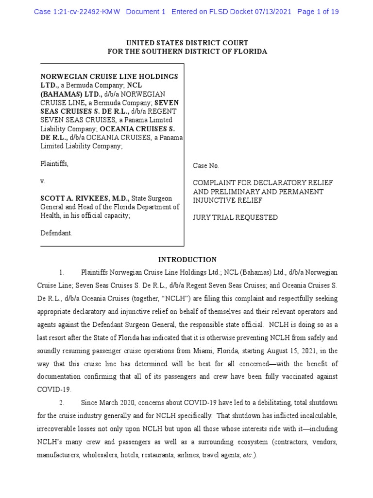 Norwegian Cruise Line Lawsuit - Complaint | PDF | Cruise Ship ...