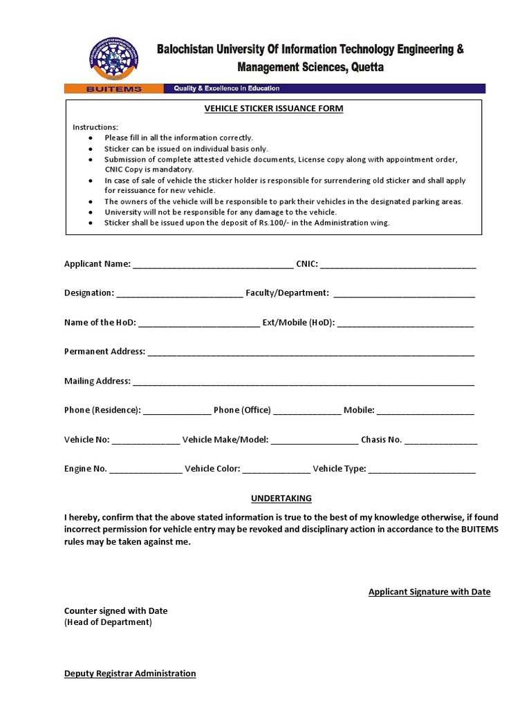 Vehicle Sticker Issuance Form | PDF