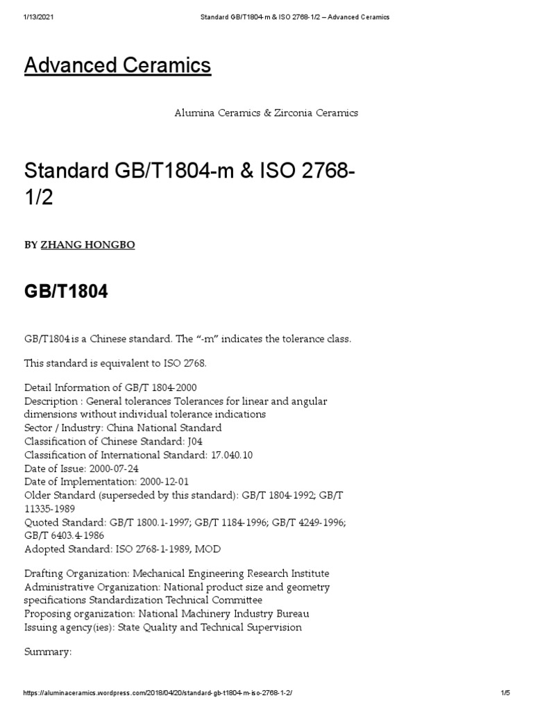 Standard GB - T1804-m & ISO 2768-1 - 2 - Advanced Ceramics | PDF | Engineering Tolerance | Ceramics