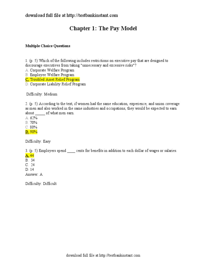 Chapter 1: The Pay Model: Multiple Choice Questions | PDF | Value ...