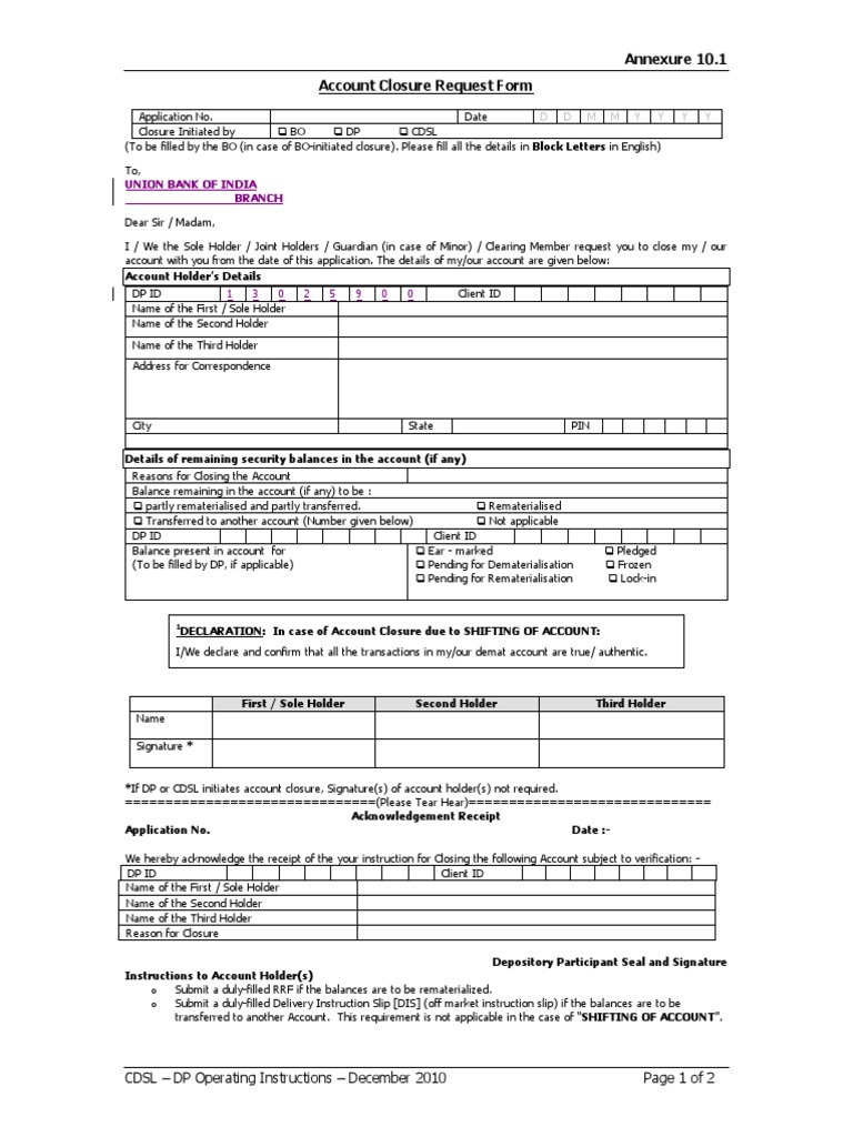 Union Bank of India - BRANCH: Annexure 10.1 Account Closure Request Form | PDF | Financial ...