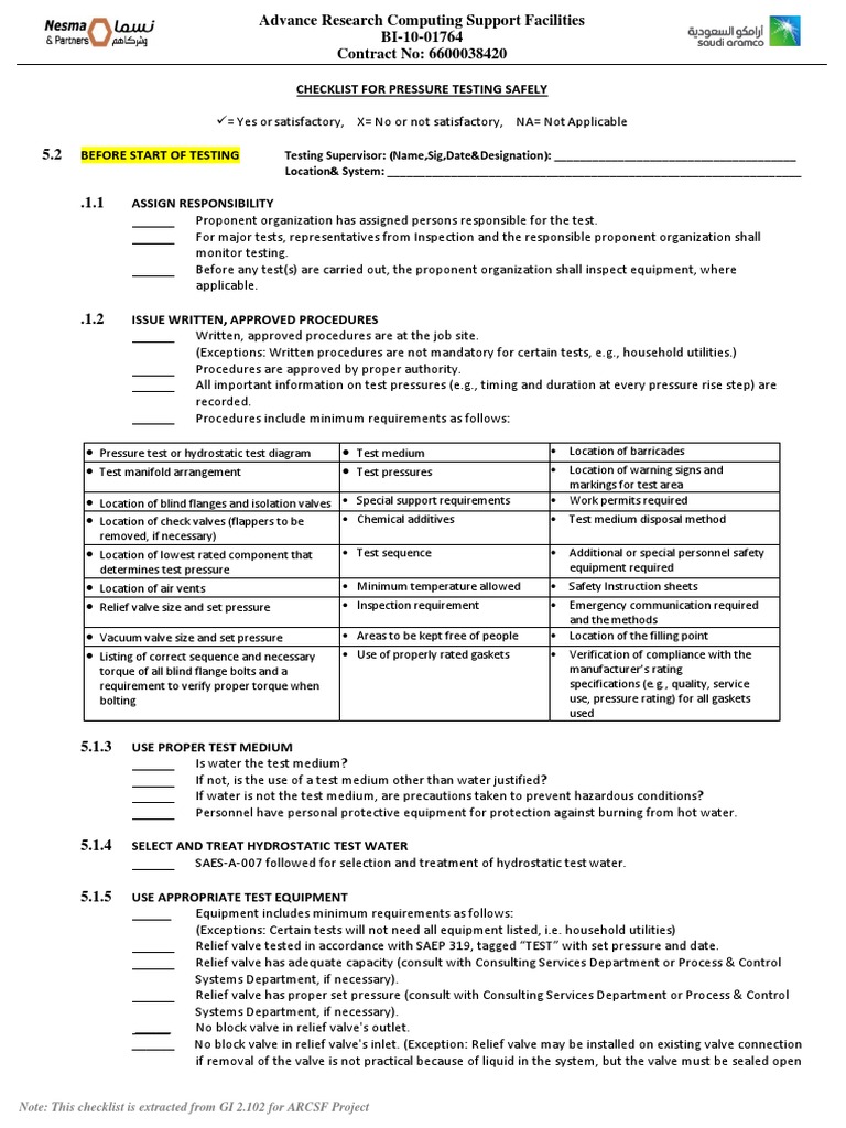 Pressure Testing Safety Checklist | PDF | Valve | Pressure