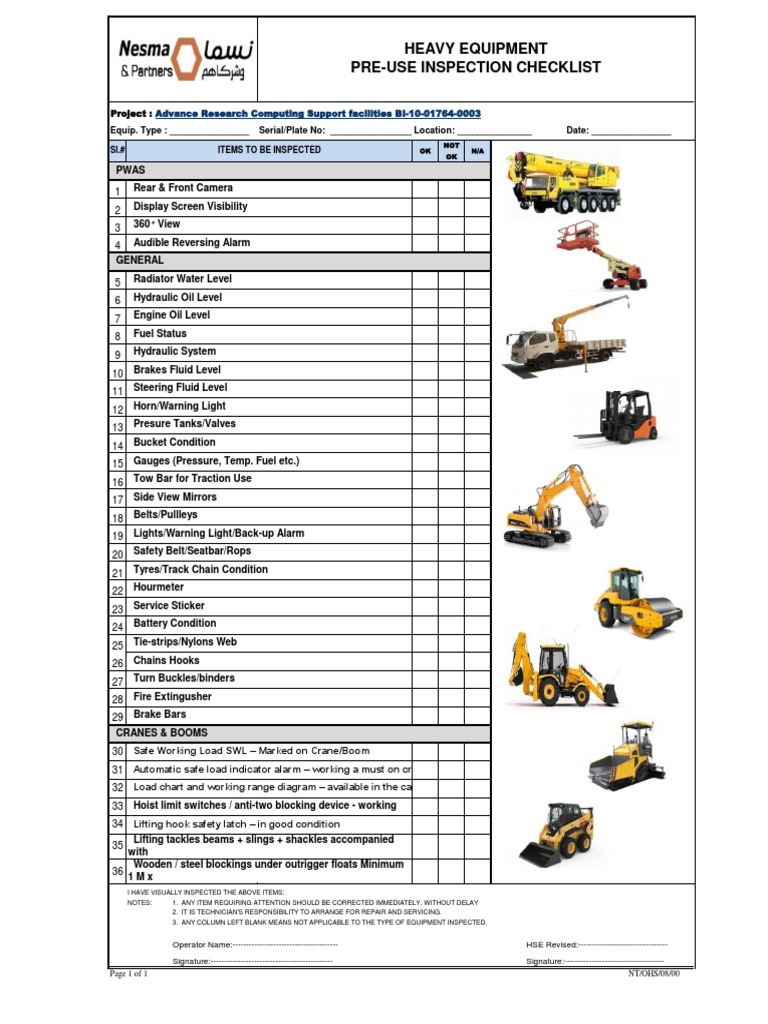 CDC - Heavy Equipment Daily Inspection Checklist | PDF | Crane (Machine ...