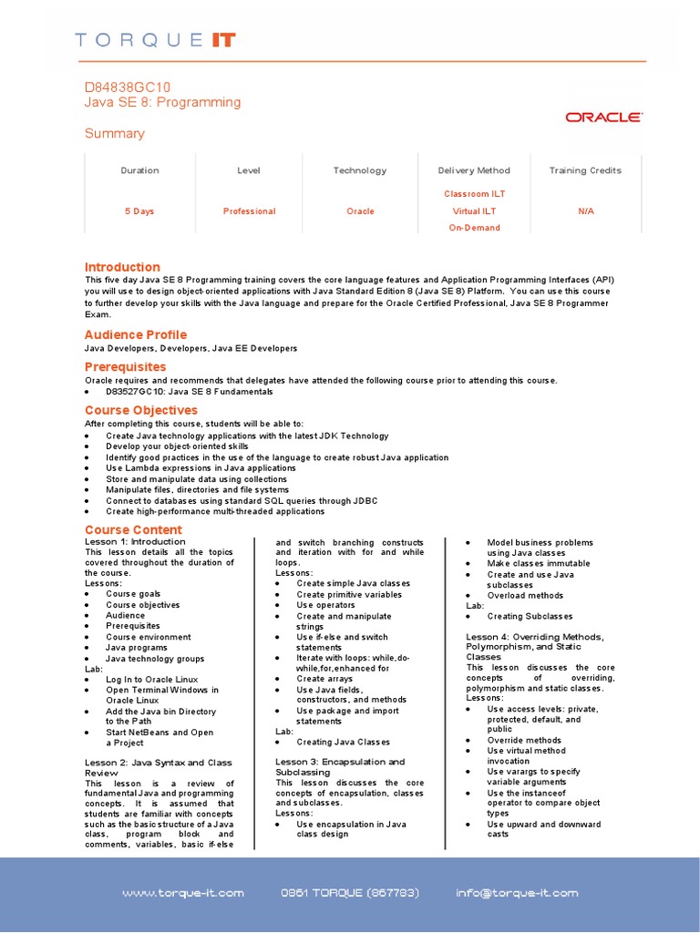 D84838GC10 Java SE 8: Programming: Duration Level Technology Delivery ...