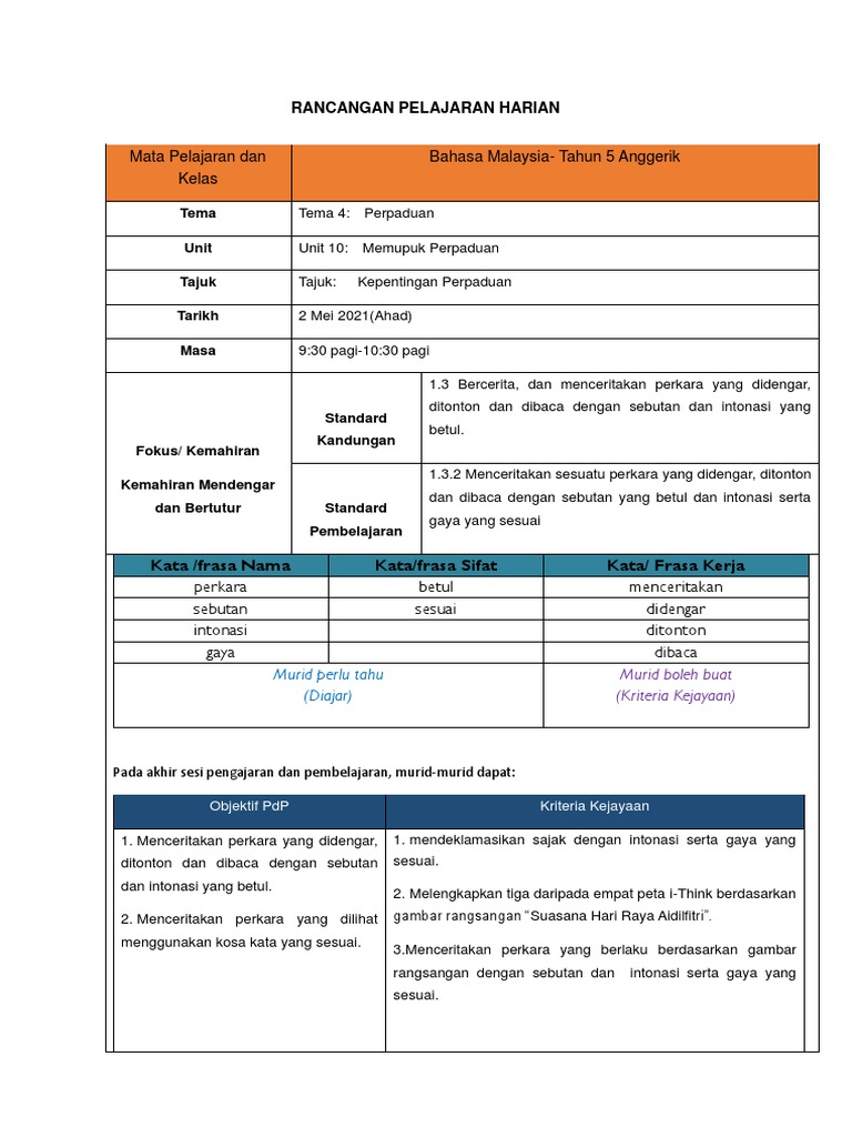 Contoh RPH Kem. M&B, BM t5 | PDF