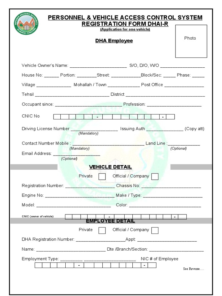 Personnel & Vehicle Access Control System Registration Form Dhai-R ...