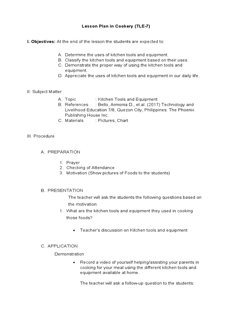 Lesson Plan in TLE7 LADRONA | PDF | Kitchen | Teachers