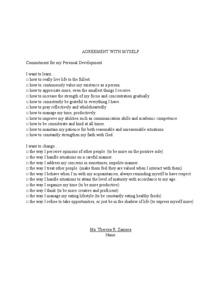Agreement With Myself Commitment For My Personal Development I Want To ...