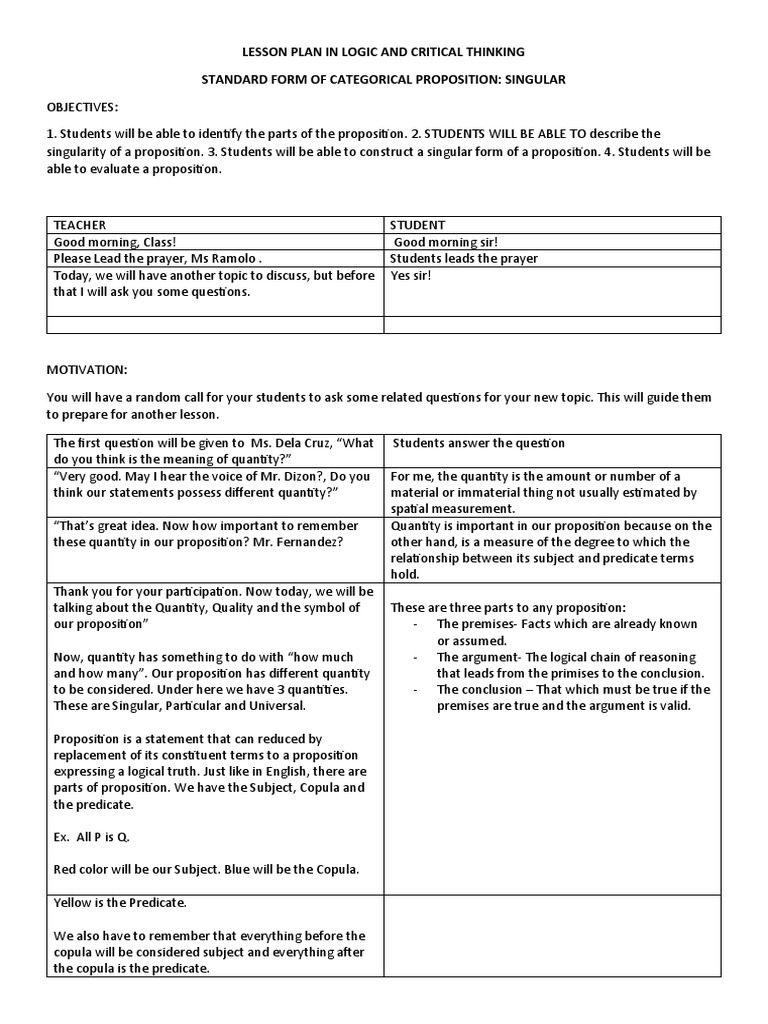 Lesson Plan in Logic and Critical Thinking | PDF | Proposition | Argument