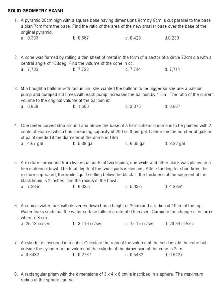 Solving Solid Geometry Problems: A 10 Question Exam on Pyramids, Cones ...