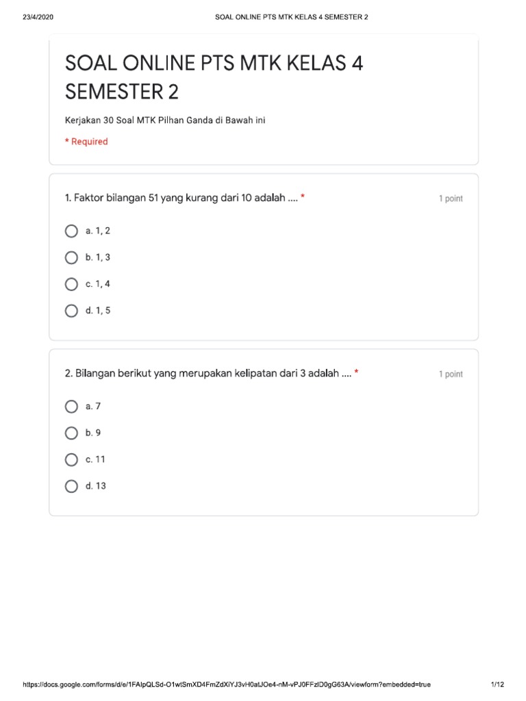 Soal Online Pts MTK Kelas 4 Semester 2 | PDF