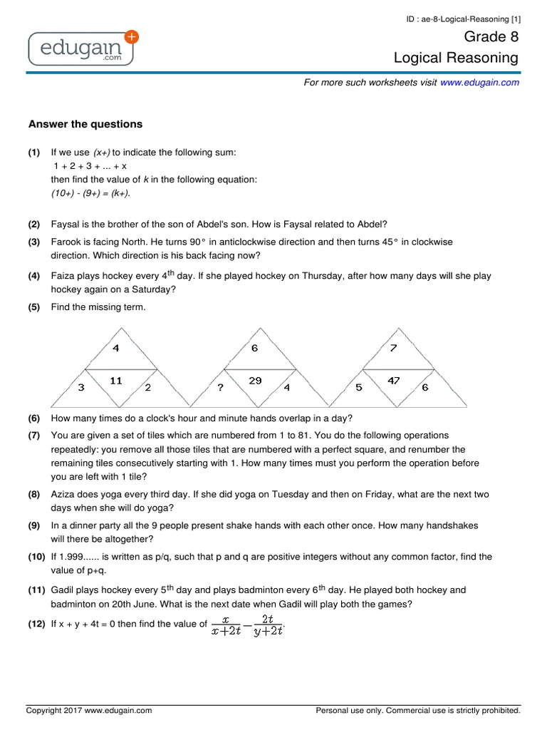 Grade 8 Logical Reasoning Ae | PDF | Elementary Mathematics | Numbers