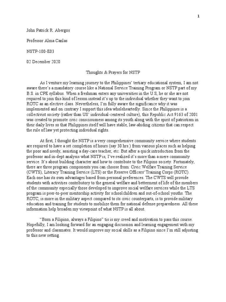 Understanding NSTP: Expectations and Insights | PDF | Human Nature ...