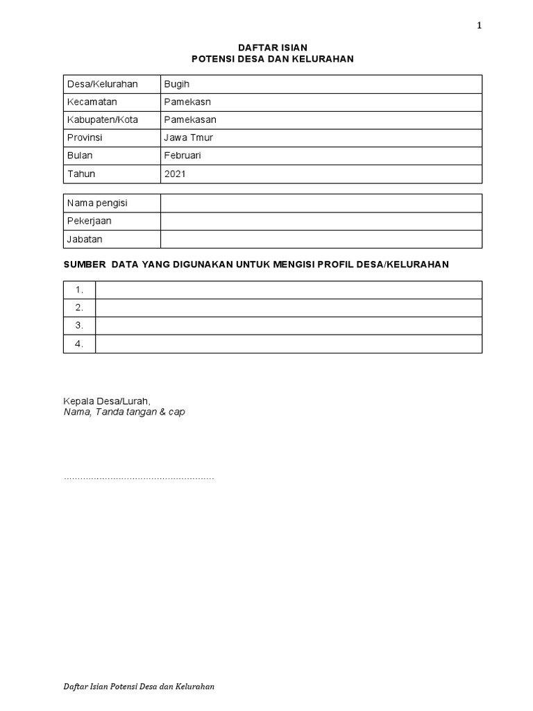 Form Data Potensi Kel. Bugih-1 | PDF