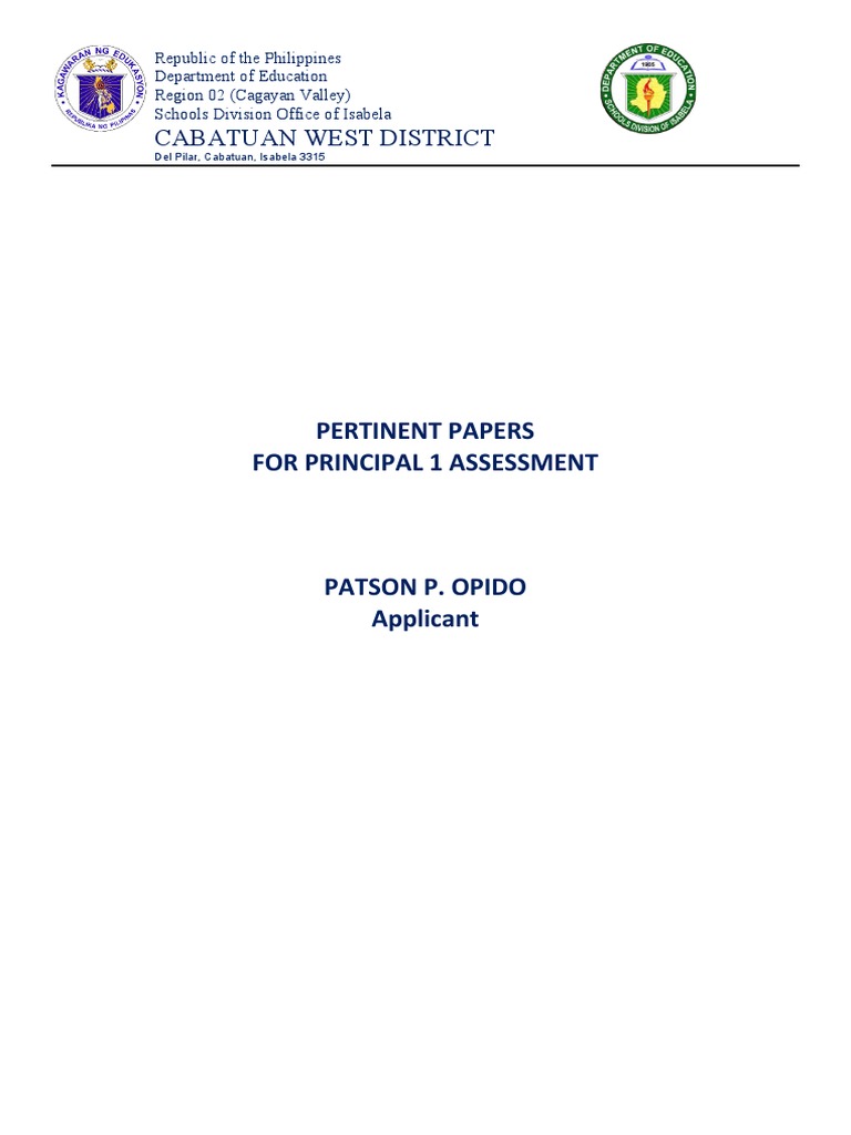 Cabatuan West District: Pertinent Papers For Principal 1 Assessment | PDF