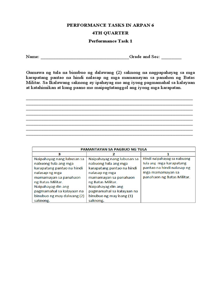Performance Tasks in Arpan 6 4Th Quarter Performance Task 1 | PDF